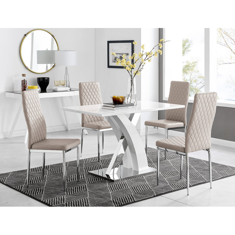 East Urban Home Edzard Chrome White High Gloss Dining Table Set with 4 Luxury Faux Leather Dining Chairs Reviews Wayfair